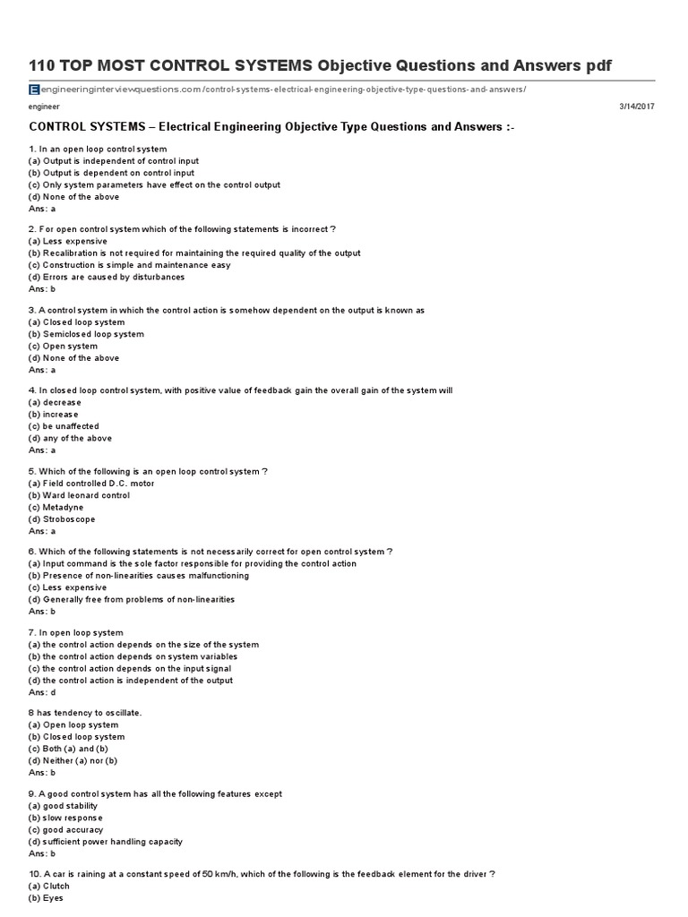 110 TOP MOST CONTROL SYSTEMS Objective Questions and Answers PDF | PDF ...