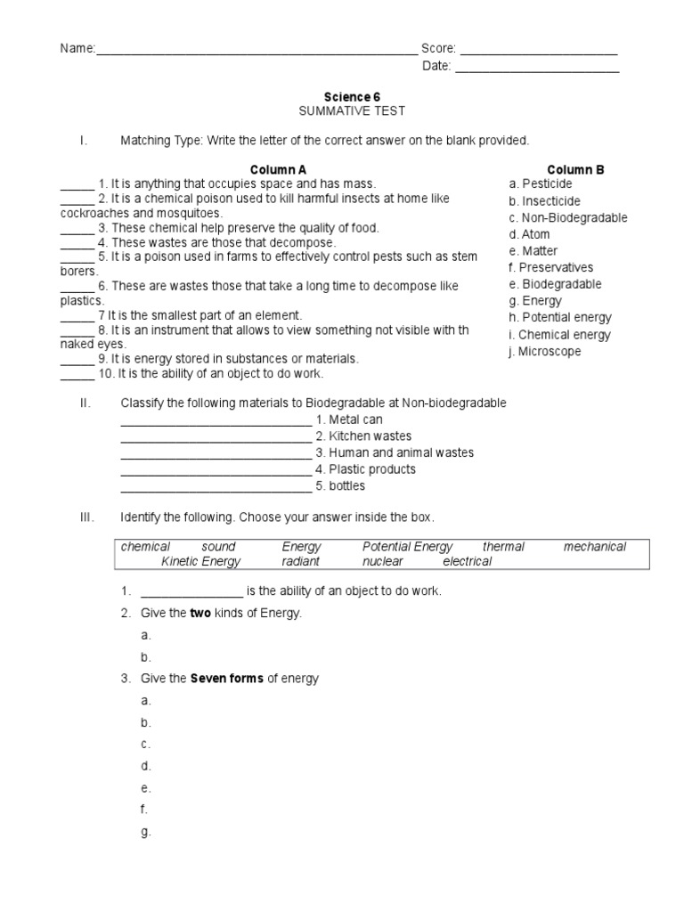 Science 6 Summative Test | PDF | Poison | Chemical Substances