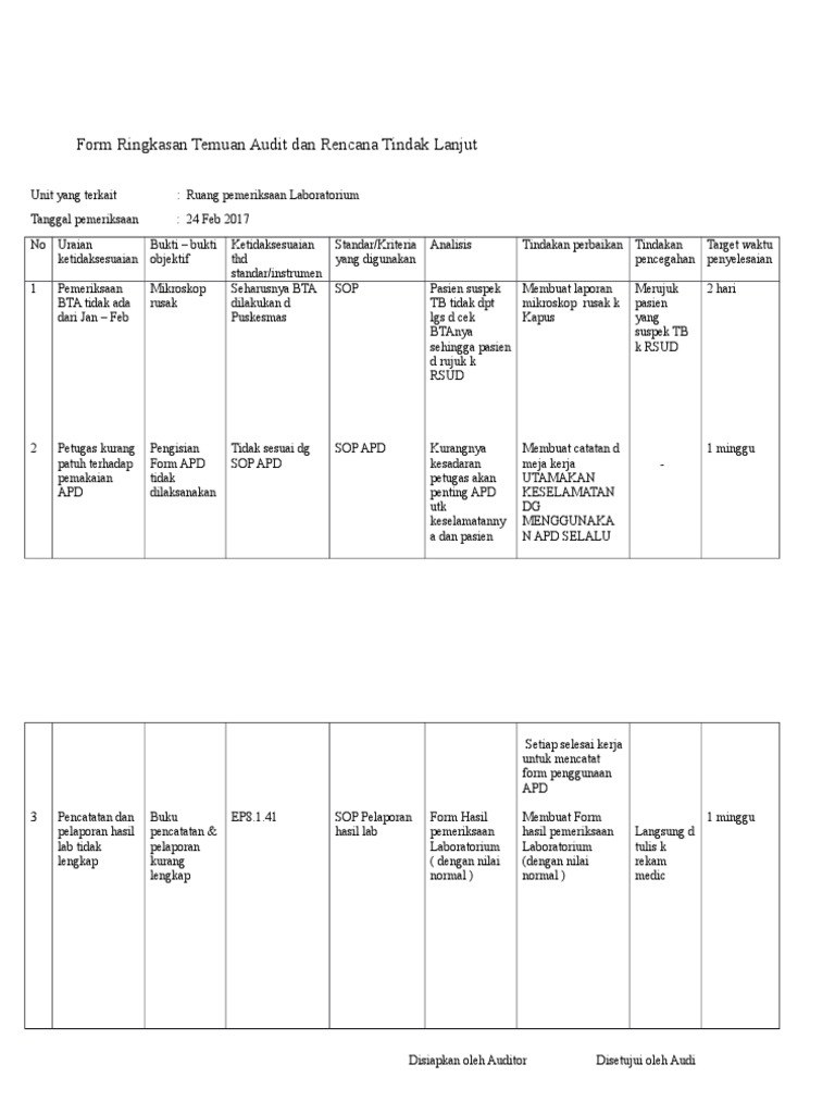 Form Ringkasan Temuan Audit Dan Rencana Tindak Lanju1 | PDF