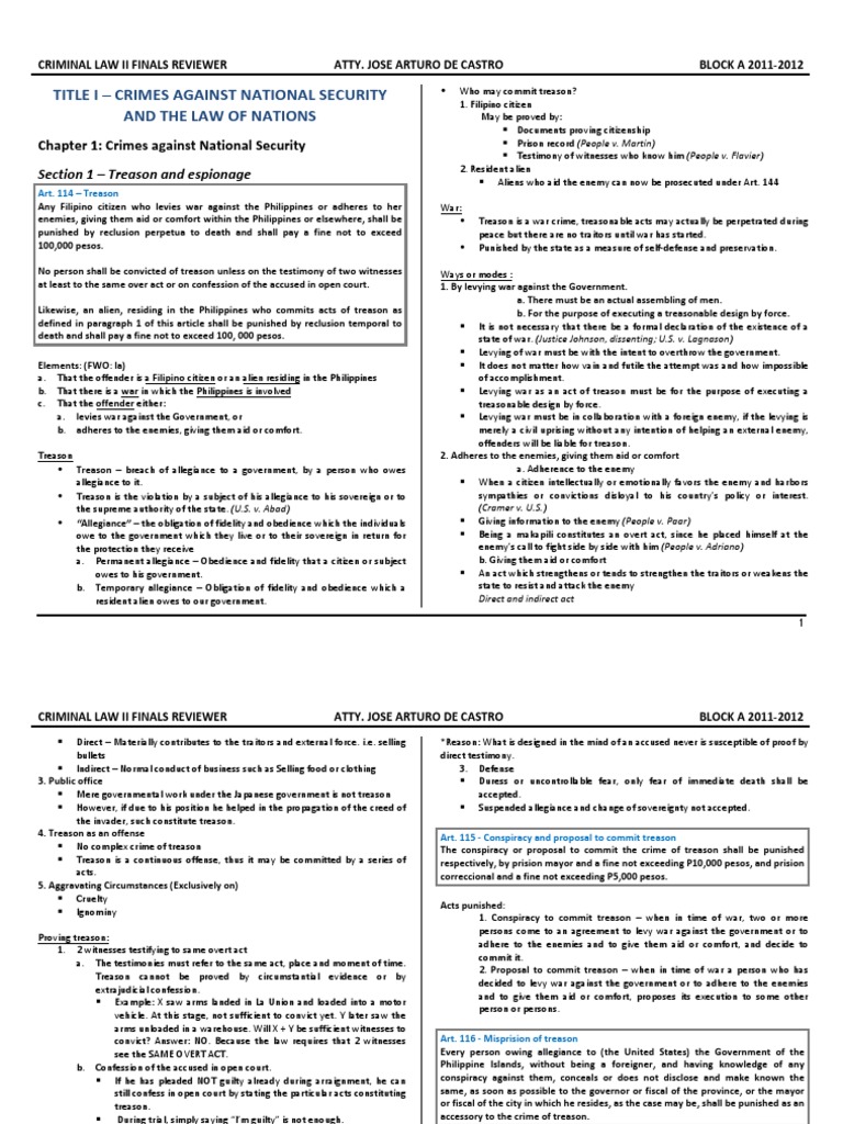 Crim 2 Reyes Reviewer | PDF | Treason | Arraignment