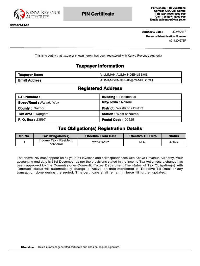 KRA PIN Receipt | Taxation | Taxes
