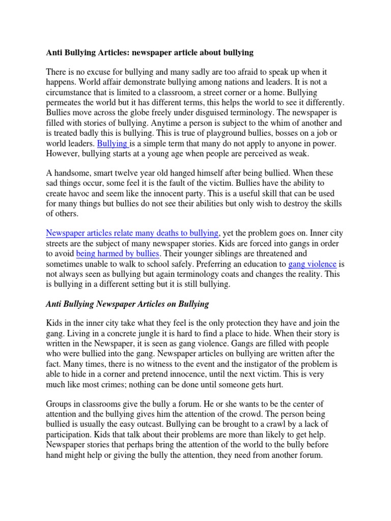 Anti Bullying Newspaper Articles on Bullying: Insights into the Harms ...