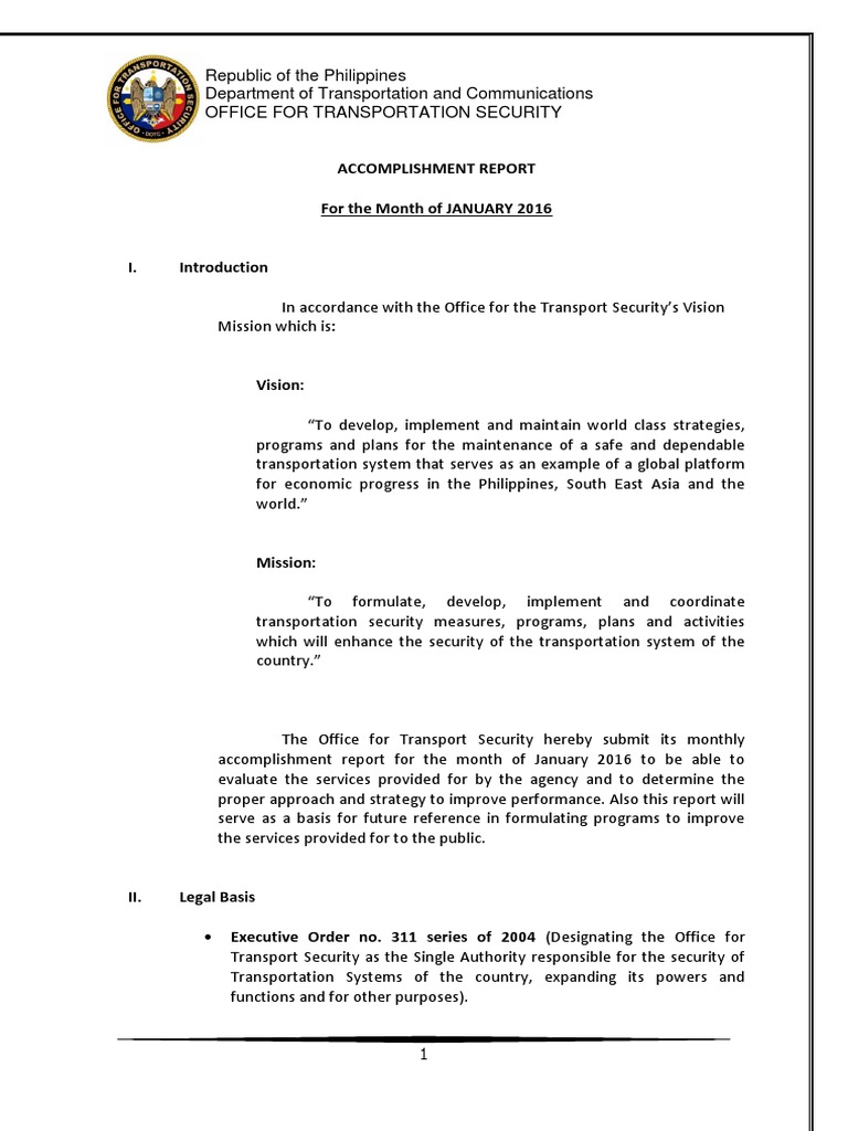 Accomplishment Report Jan 2016 | PDF | National Security | Regulatory ...
