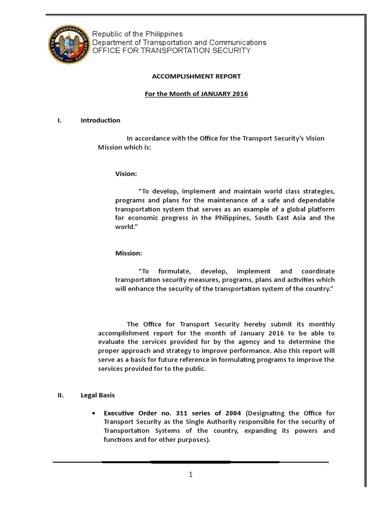 Accomplishment Report Jan 2016 | PDF | Metro Manila | Regulatory Compliance