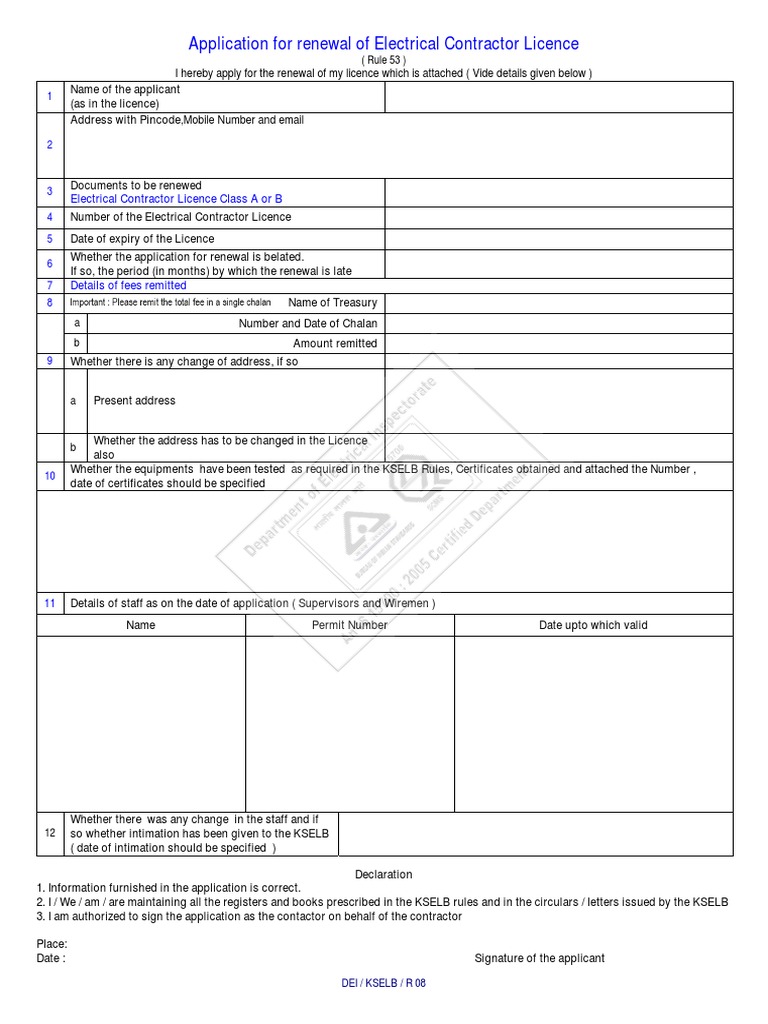 Application For Renewal of Electrical Contractor Licence | PDF