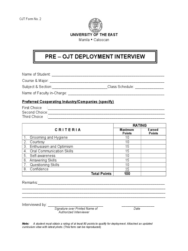 Pre - Ojt Deployment Interview: University of The East | PDF ...