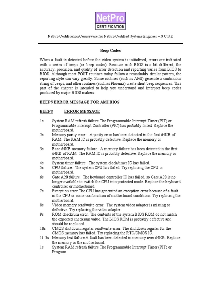 BIOS Beep Codes & Error Guide | PDF | Bios | Troubleshooting