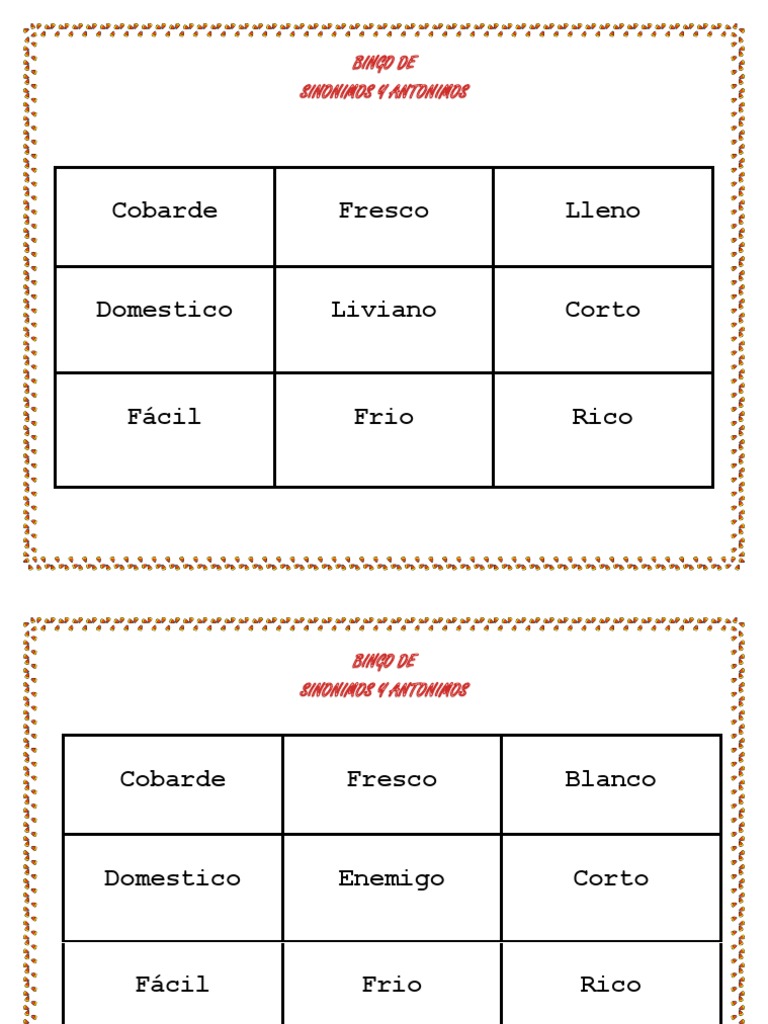 BINGO DE Sinonimos y Antonimos 2° | PDF