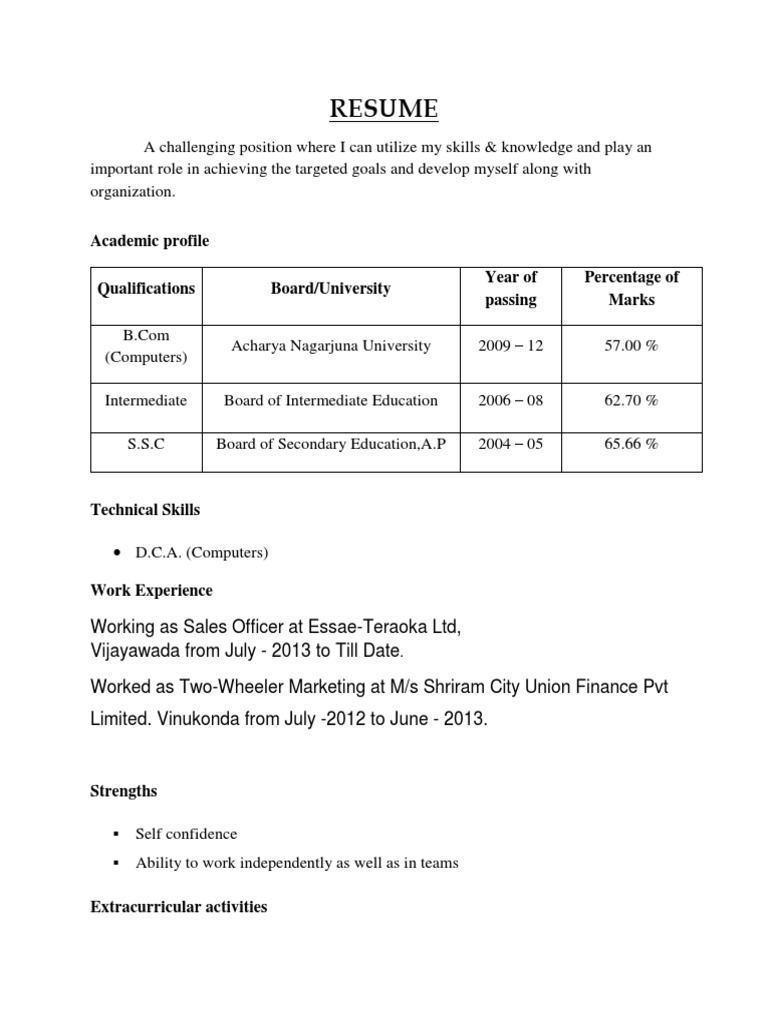Resume: Academic Profile Year of Passing Percentage of Marks | PDF ...