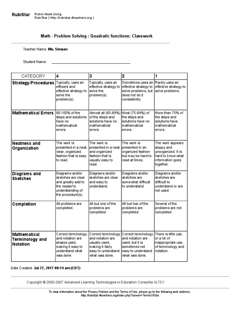 quadratics rubric | Physics & Mathematics | Mathematics