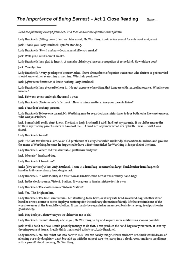 Close Read - The Importance of Being Earnest | PDF | The Importance Of ...