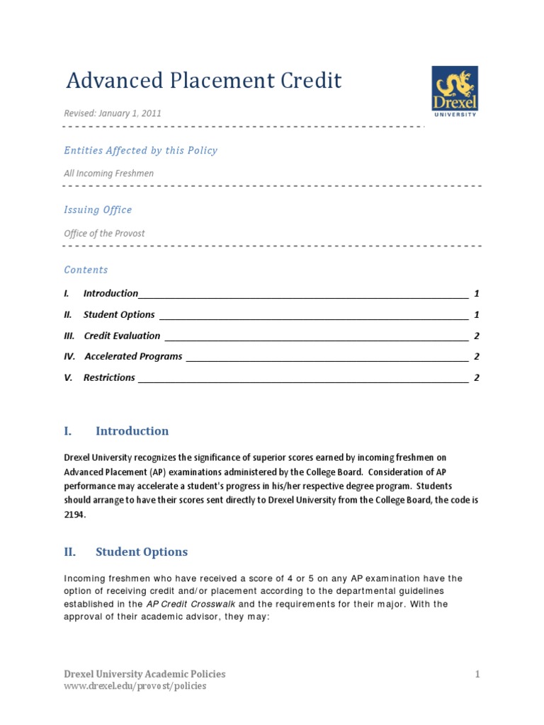 Advanced Placement Credit | PDF | Advanced Placement | Bachelor Of Science
