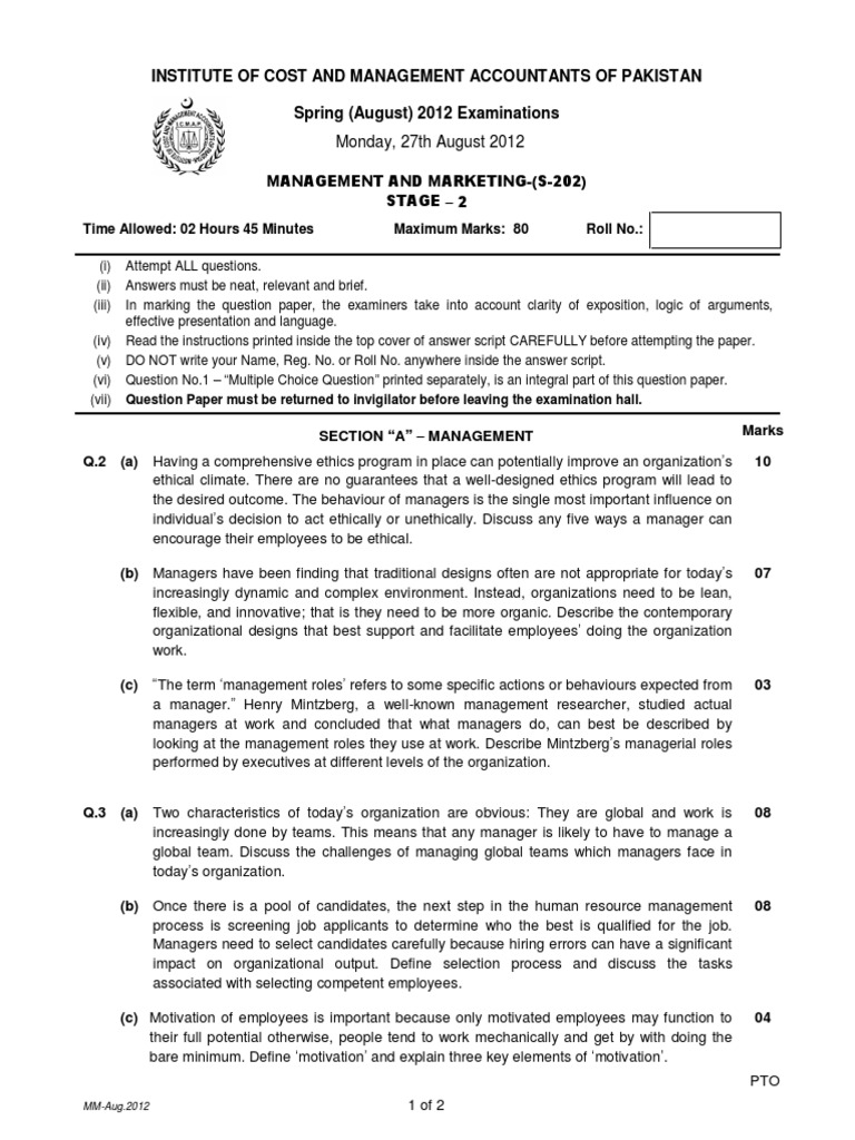 ICMAP Enterprise Management Past Papers | Employment | Logistics
