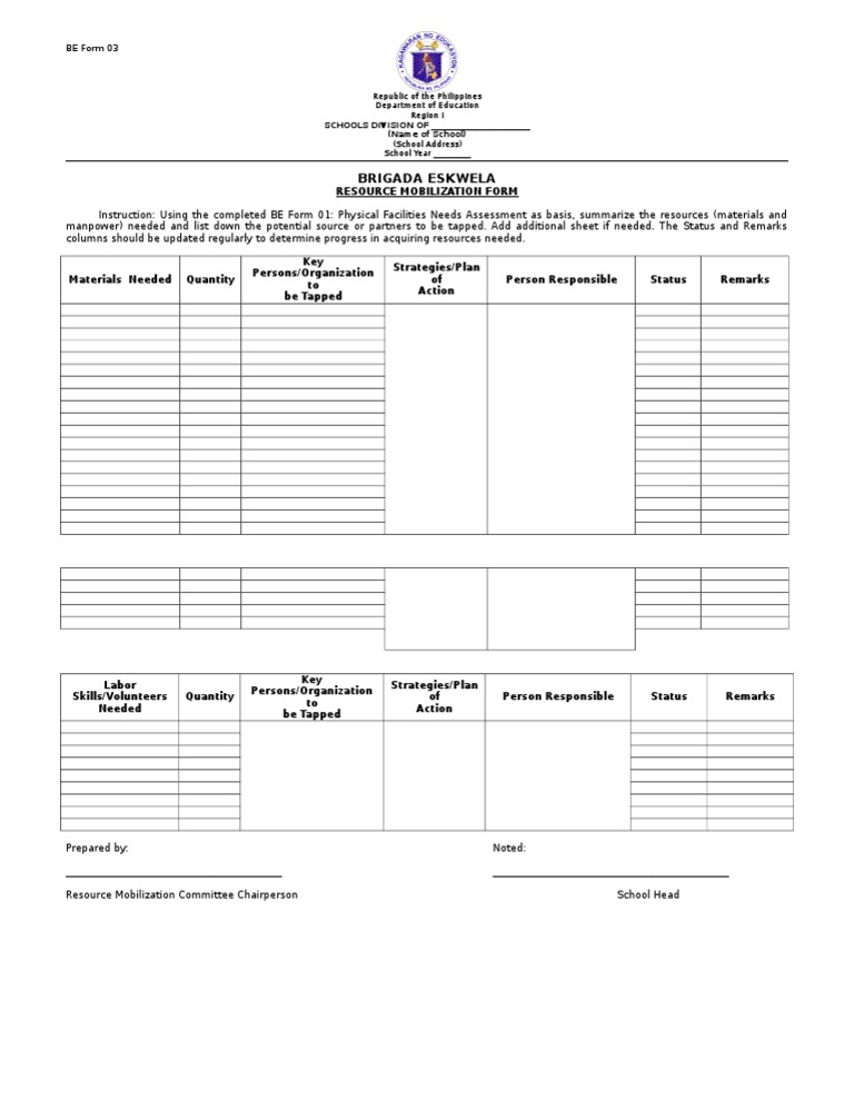 BE Form 3 - RESOURCE MOBILIZATION FORM | PDF | Schools | Further Education