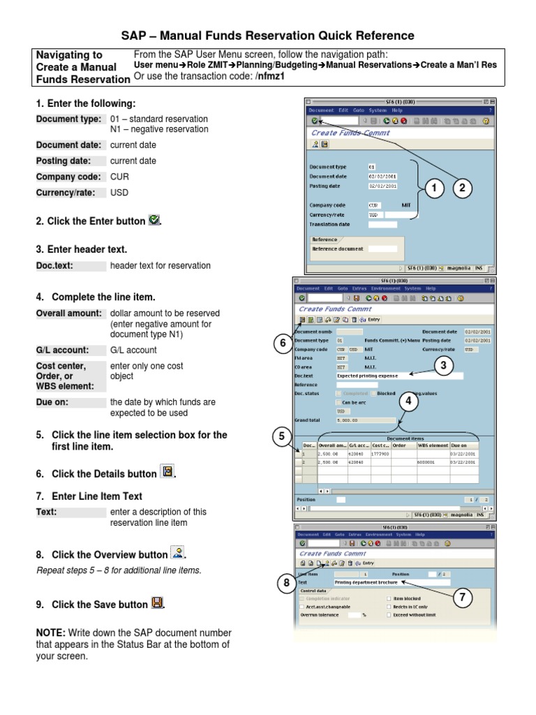 SAP - Manual Funds Reservation Quick Reference | PDF | Computing | Software