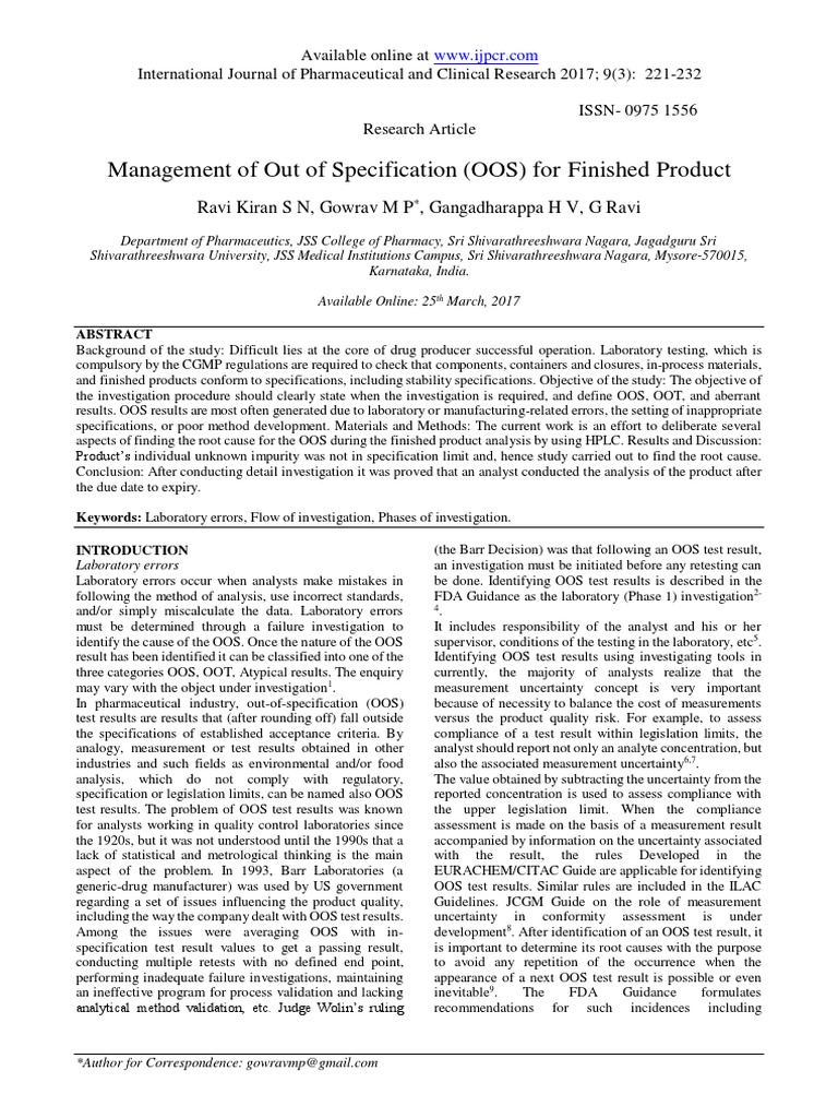 Management of Out of Specification (OOS) For Finished Product | PDF ...