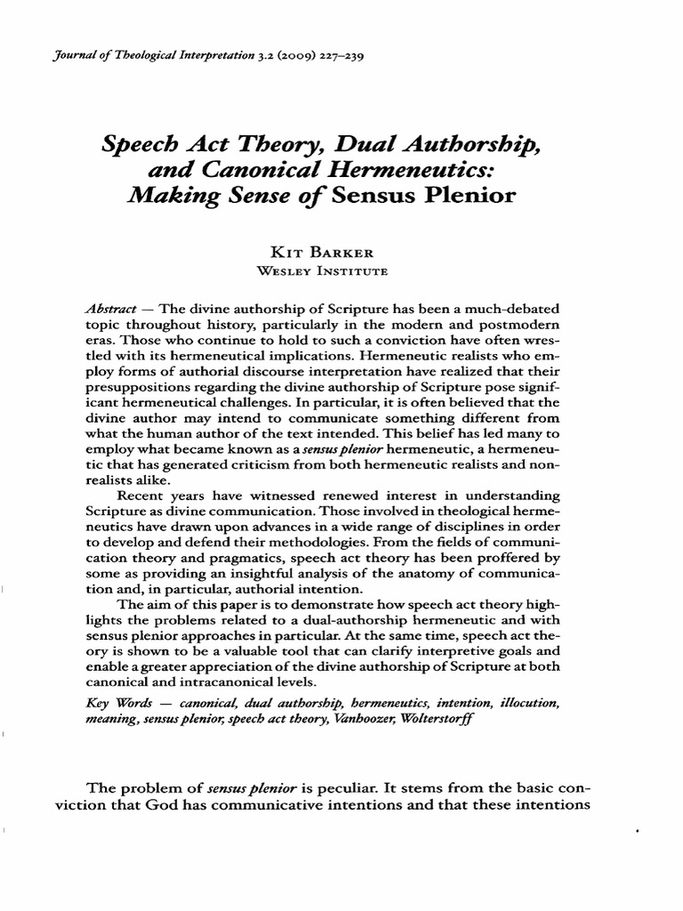 Sensus Plenior Speech Acts Barker | PDF | Hermeneutics | Religion And ...
