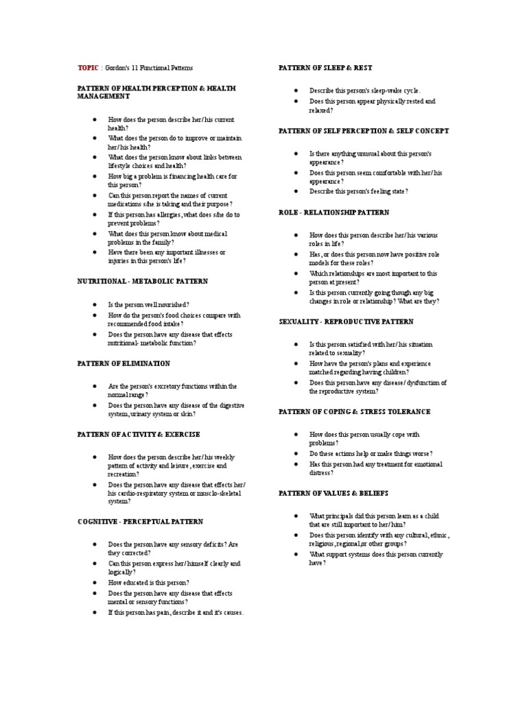 Gordon's 11 Functional Health Patterns | PDF | Self-Improvement | Wellness