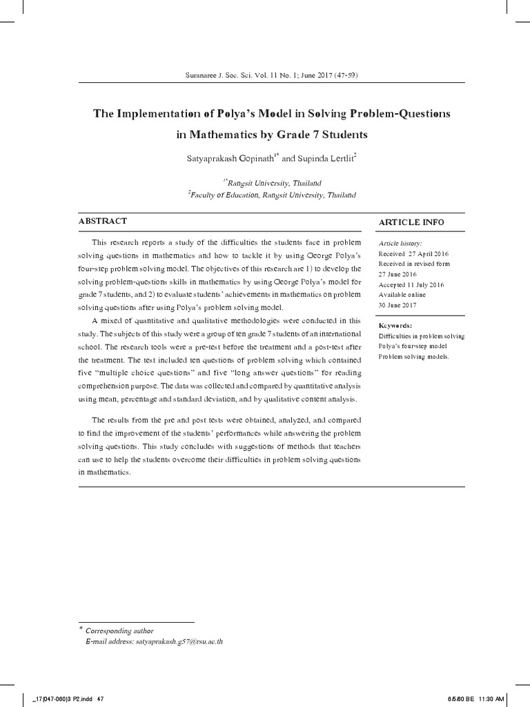 The Implementation of Polya's Model in Solving Problem-Questions in ...