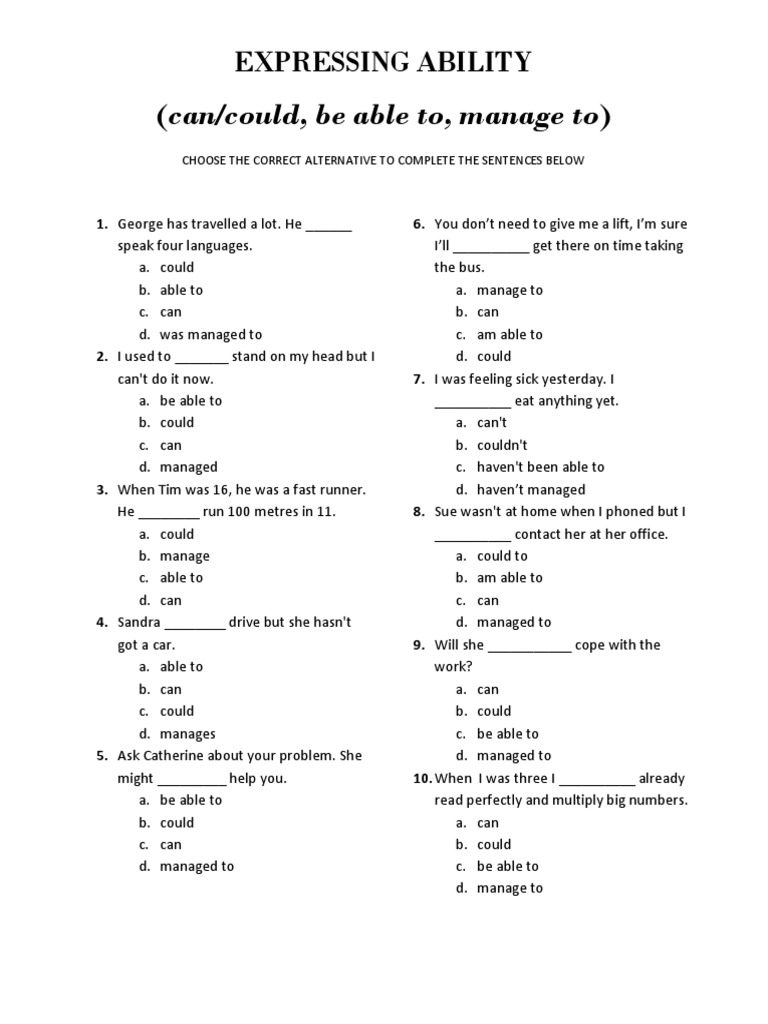 Expressing Ability (Can/could, Be Able To, Manage To) : Choose The ...