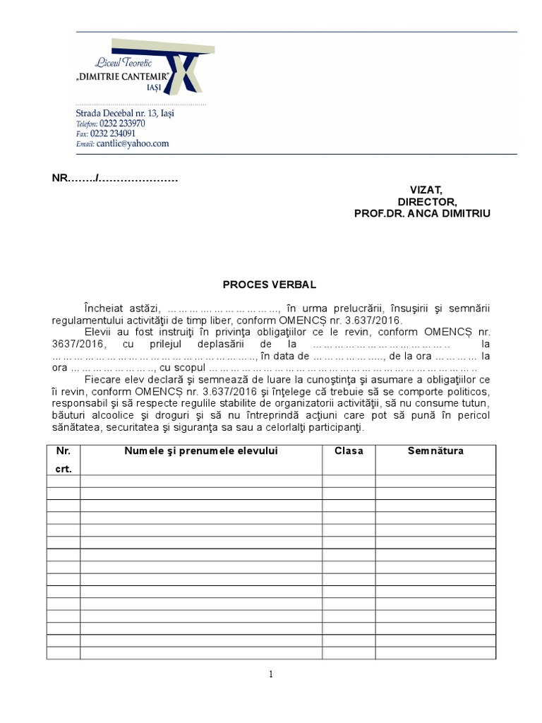 Proces - Verbal Deplasare Elevi | PDF