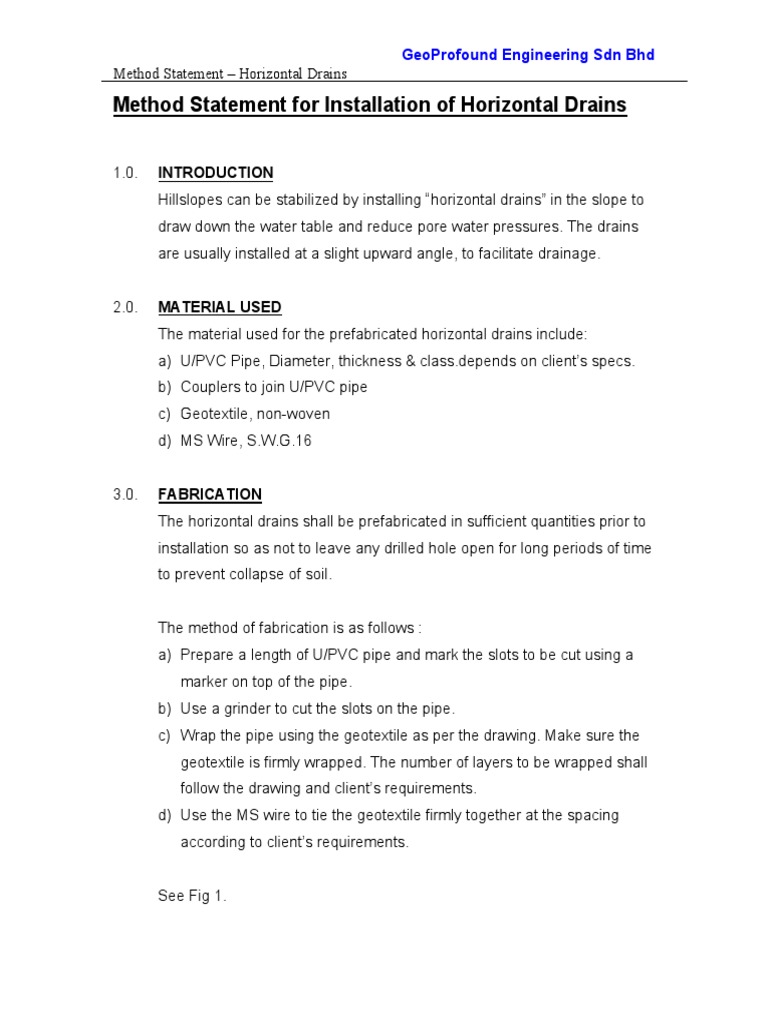 Method Statement For Installation of Horizontal Drains: Geoprofound ...