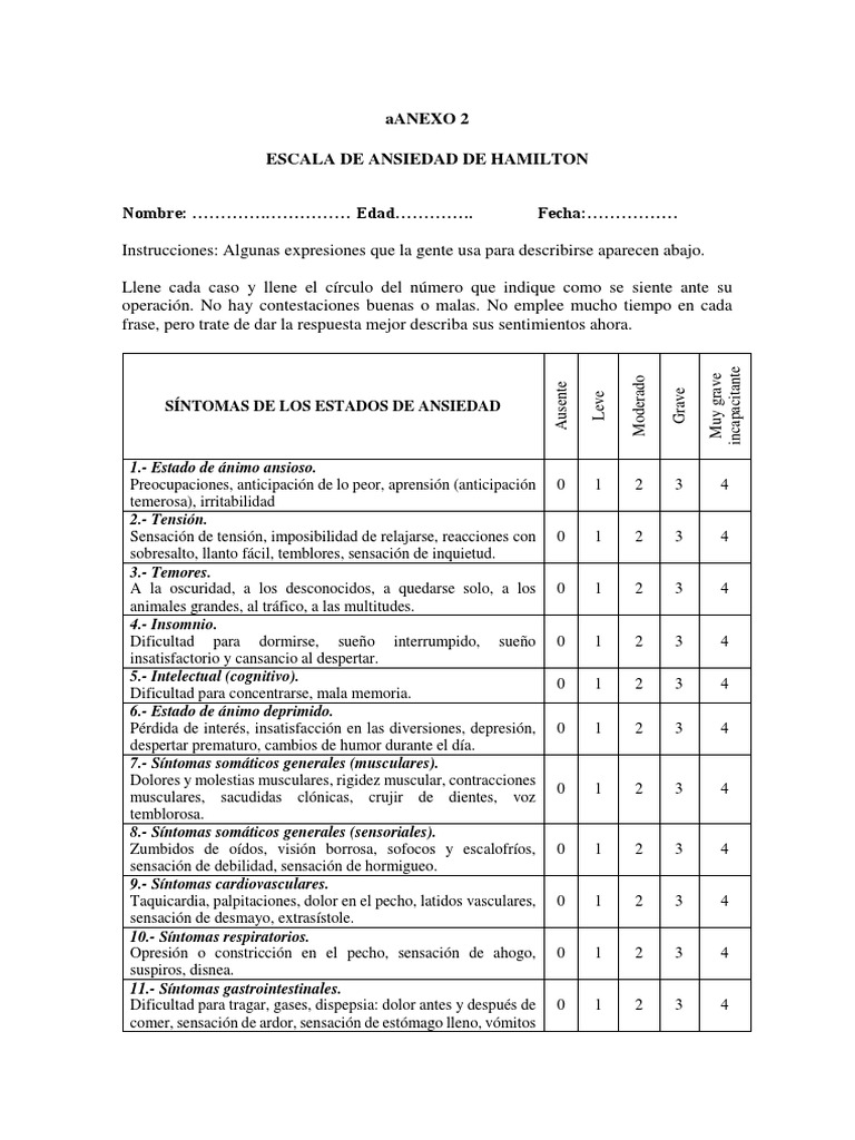 Escala de Valoracion de La Ansiedad de Hamilton (Has) | PDF | Depresión ...