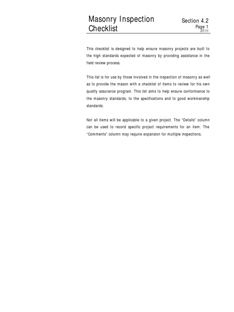 Masonry Inspection Checklist Guide | PDF | Masonry | Architectural Elements