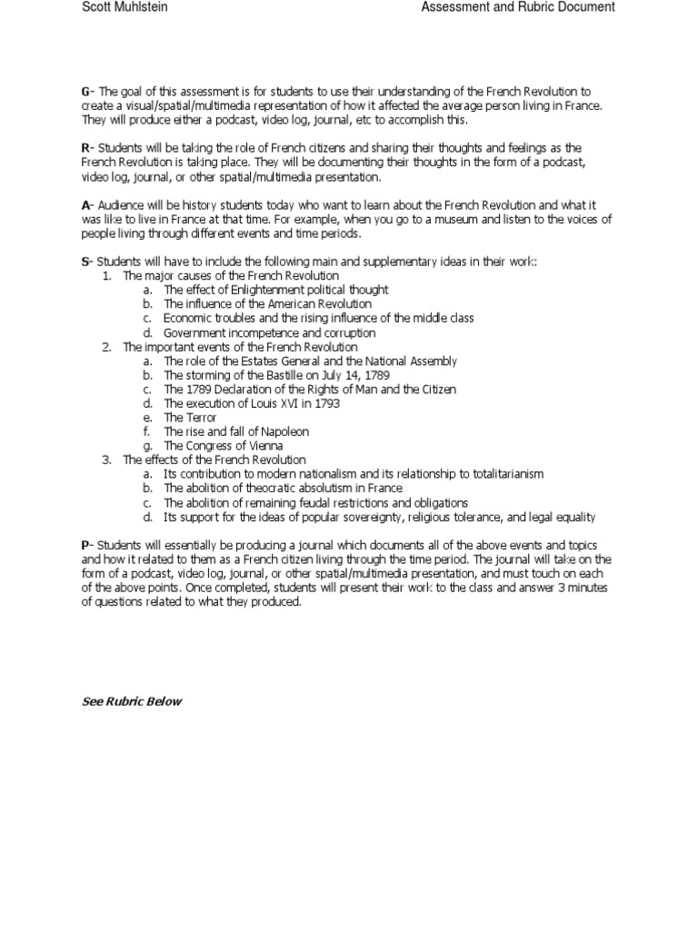 Assessment and Rubric | PDF | French Revolution | France