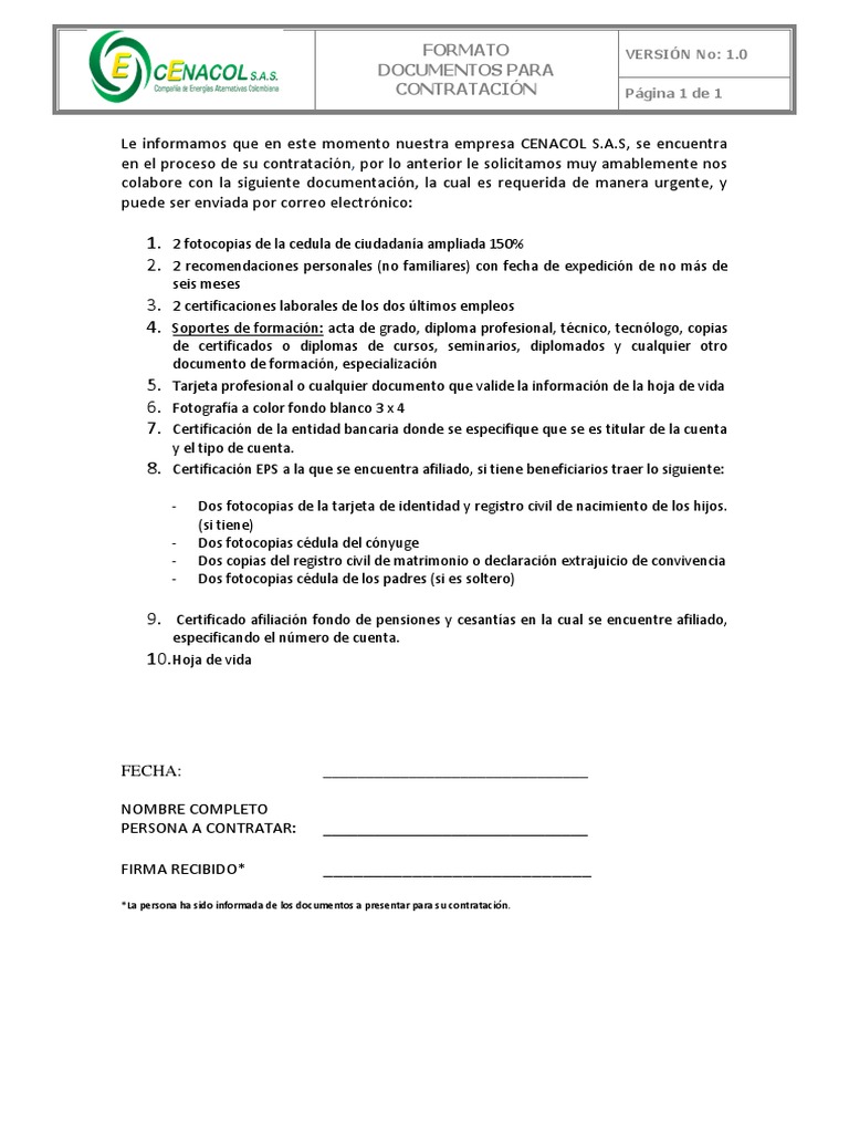 Formato Documentos para Contratacion | PDF