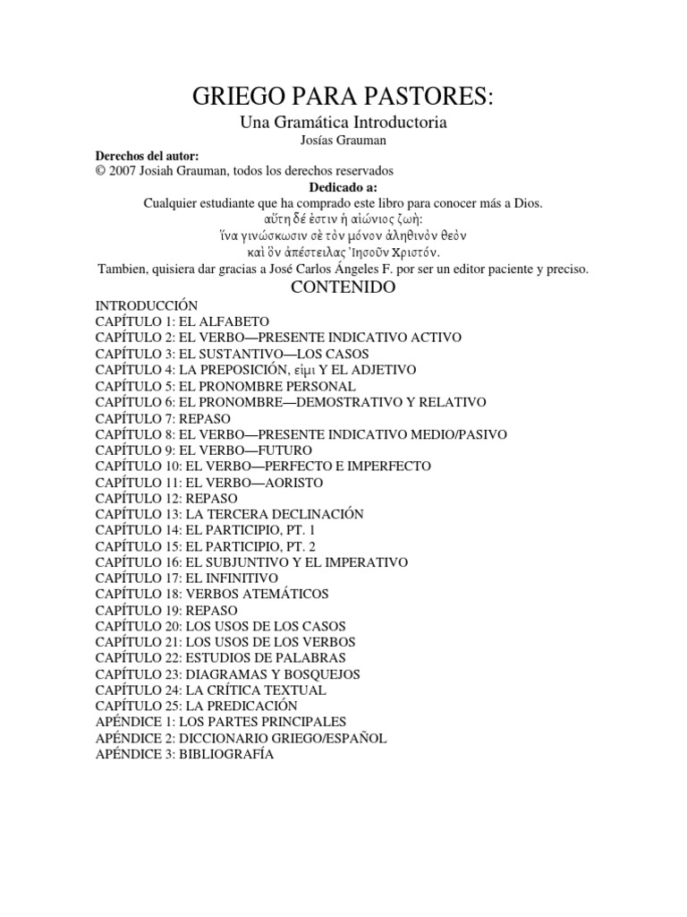 GRIEGO PARA PASTORES Una Gramática Introductoria Grauman Josías | PDF ...