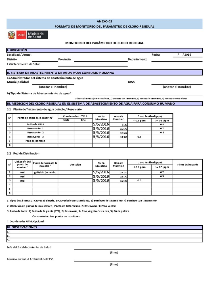 9 Formato Monitoreo Cloro Residual | Red de abastecimiento de agua | Ingeniería Ambiental