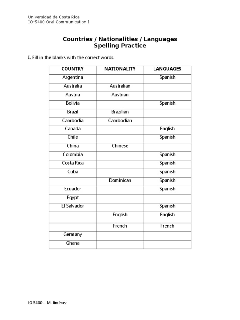 Countries, Nationalities, Languages Practice | PDF | Spanish Language ...