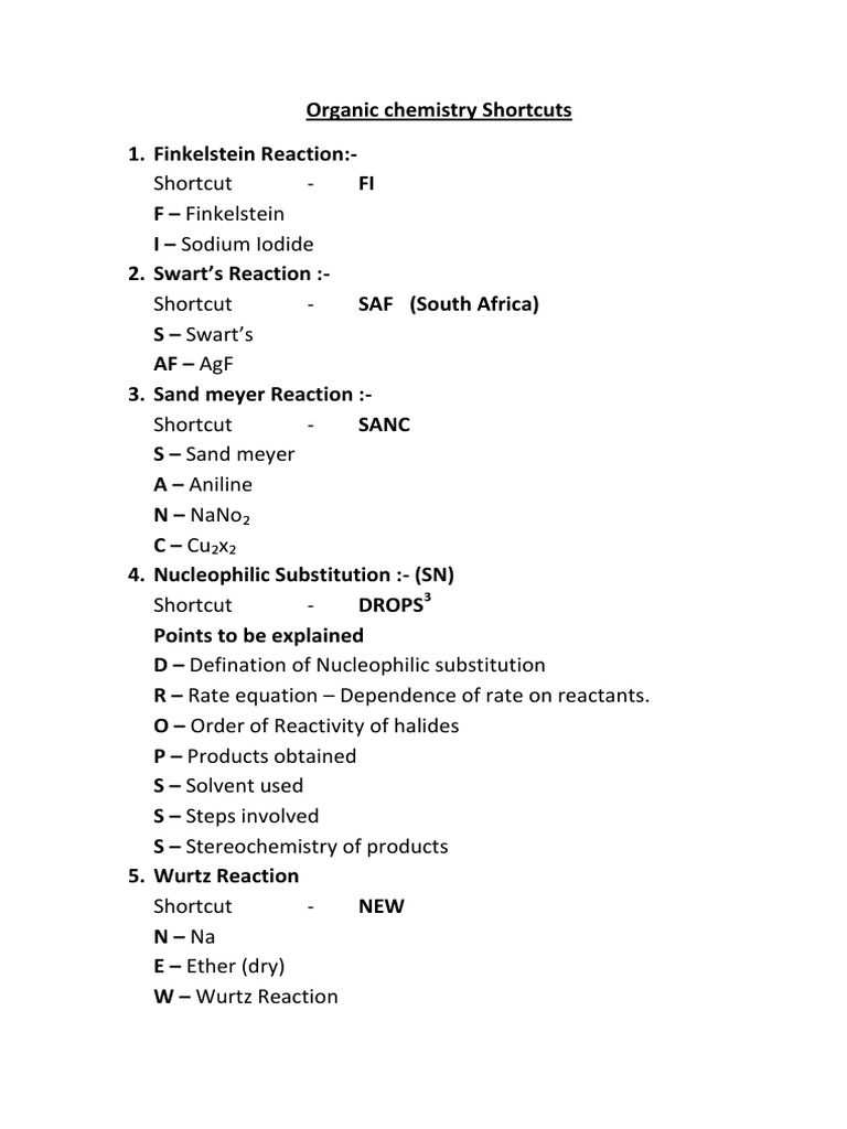 Organic Chemistry Named Reactions Shortcut | PDF | Science & Mathematics