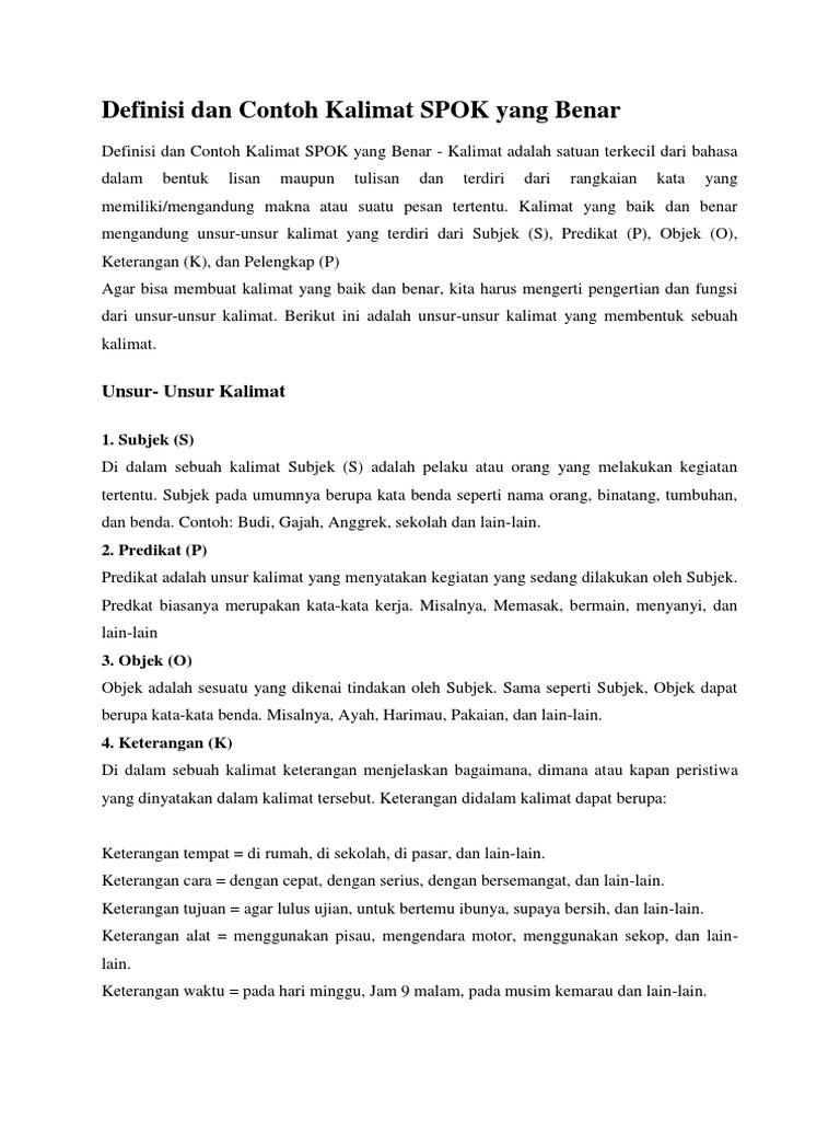 Definisi Dan Contoh Kalimat SPOK Yang Benar | PDF