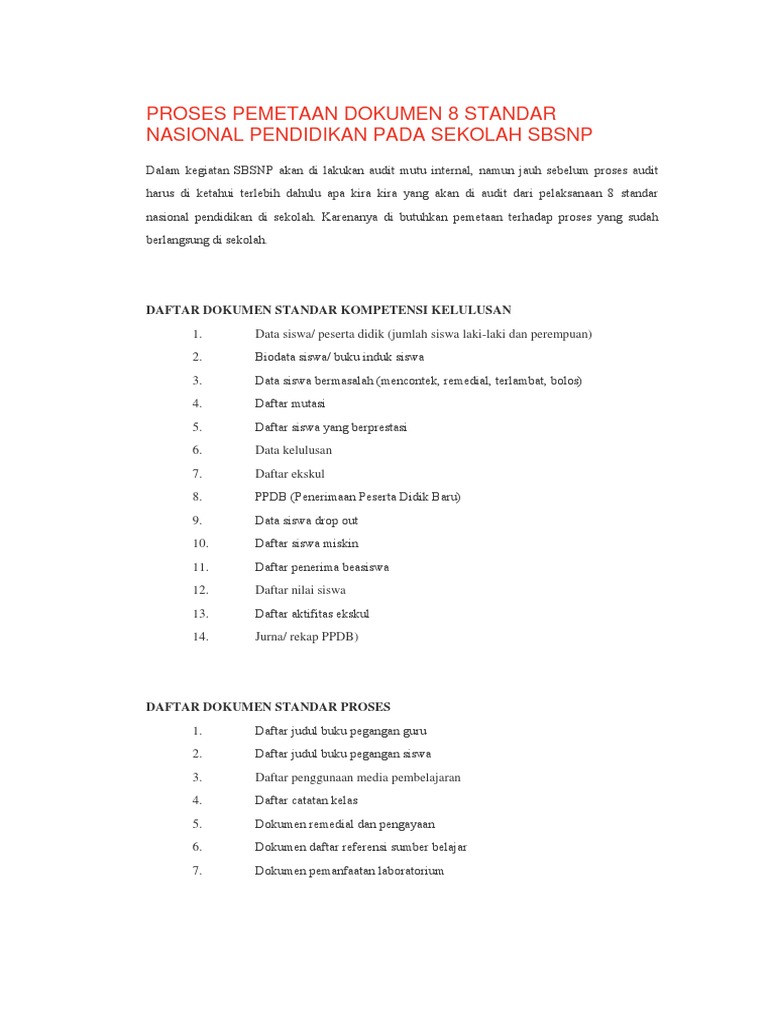 Proses Pemetaan Dokumen 8 Standar Nasional Pendidikan Pada Sekolah ...