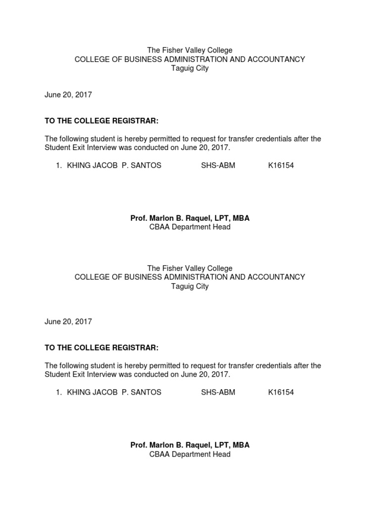 Request For Transfer Credentials | PDF