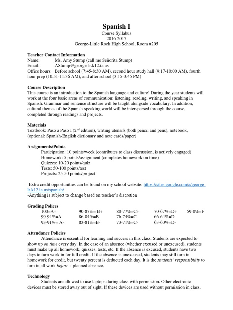 Syllabus - Spa I | PDF | Homework | Plagiarism