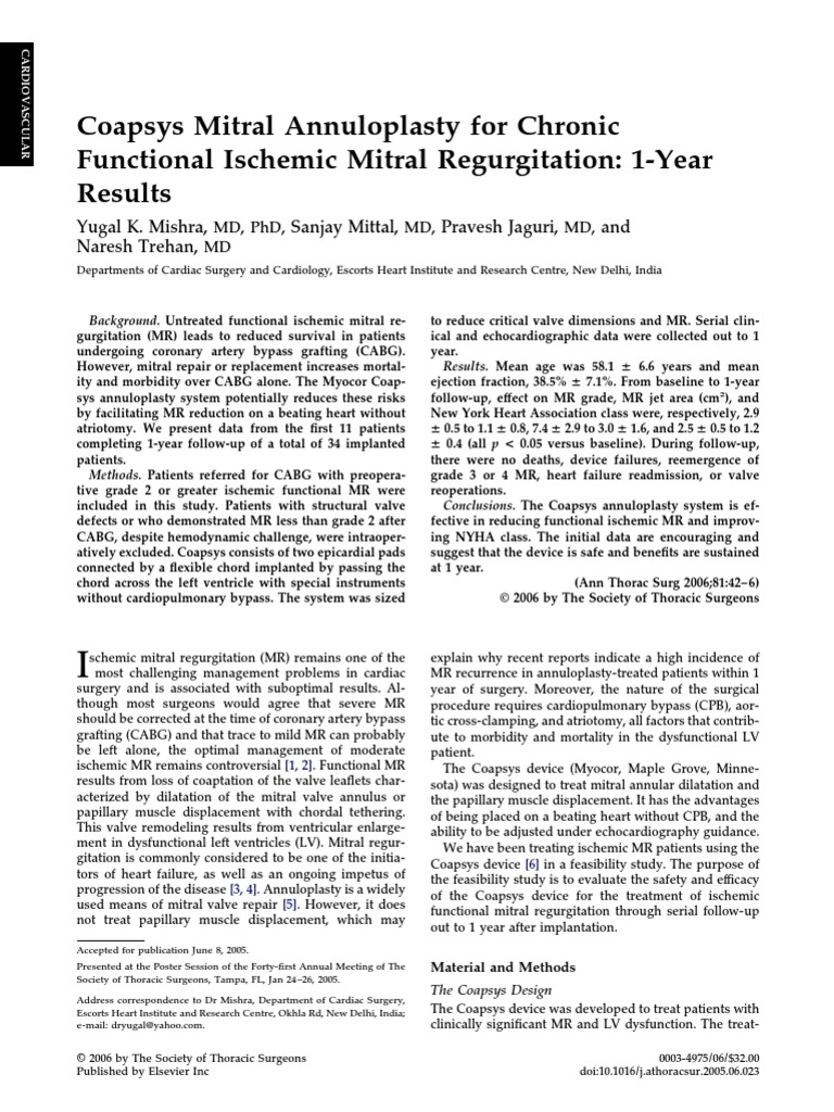 Coapsys Mitral Annuloplasty For Chronic Functional Ischemic Mitral ...