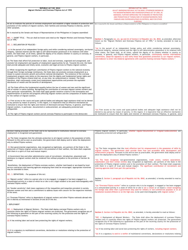 Ra 8042 vs. 10022 | PDF | Migrant Worker | Employment