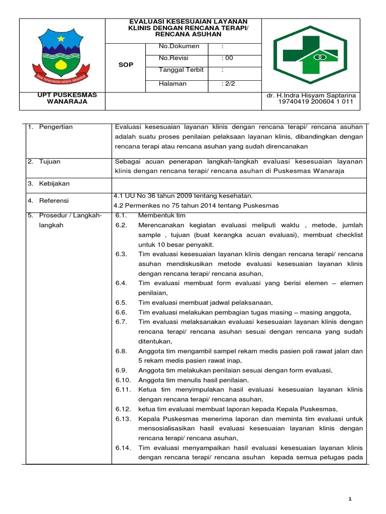 Sop Evaluasi Kesesuaian Layanan Klinis Dengan Rencana Terapi | PDF | Kesehatan Holistik | Sains ...