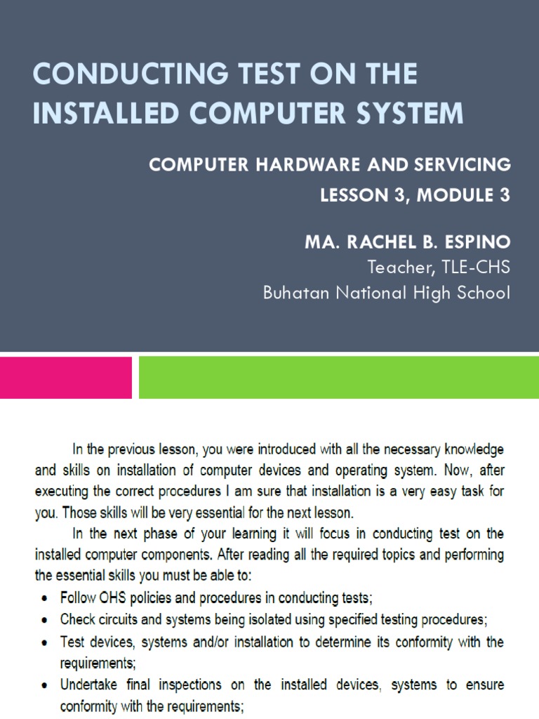 Conducting Test On The Installed Computer System: Computer Hardware and ...
