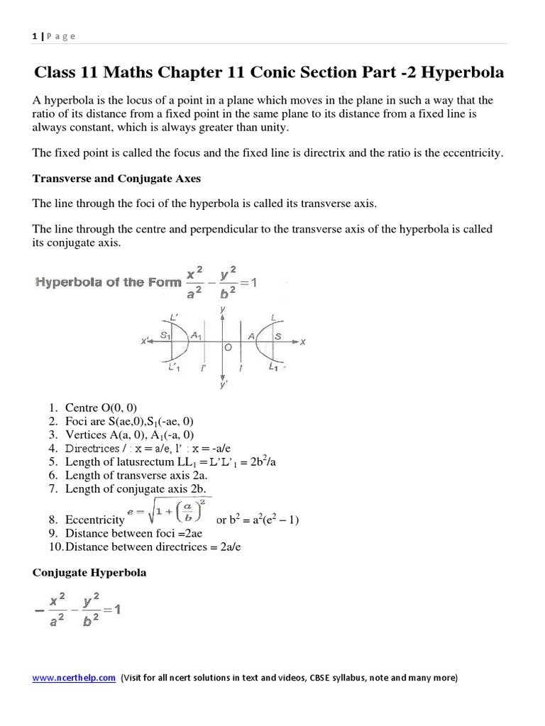 Class 11 Maths Chapter 11 Conic Section Part 2 Hyperbola Download in ...