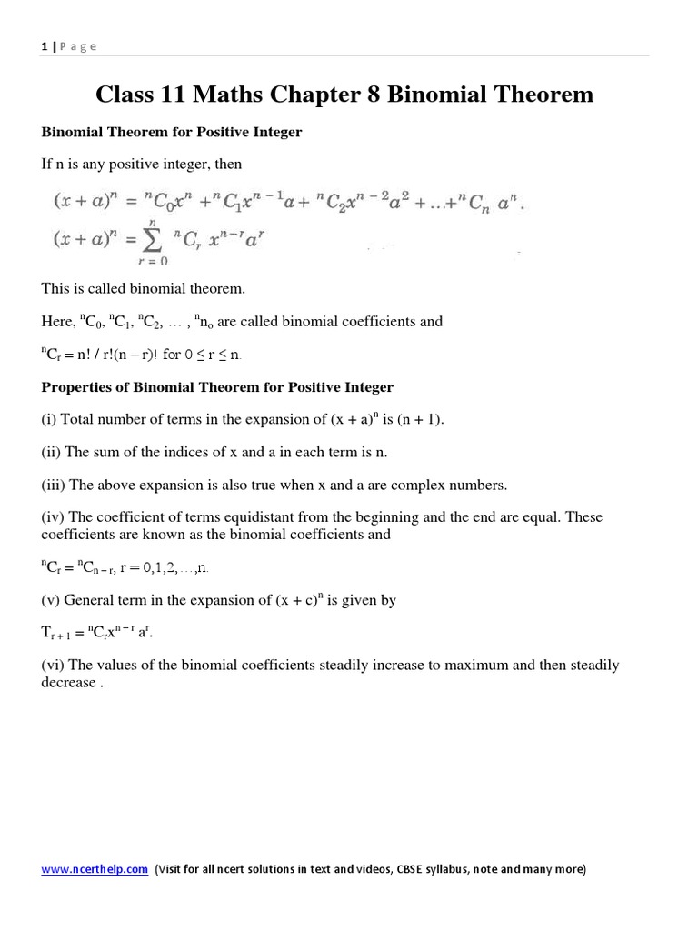 Notes For Class 11 Maths Chapter 8 Binomial Theorem Download | PDF ...