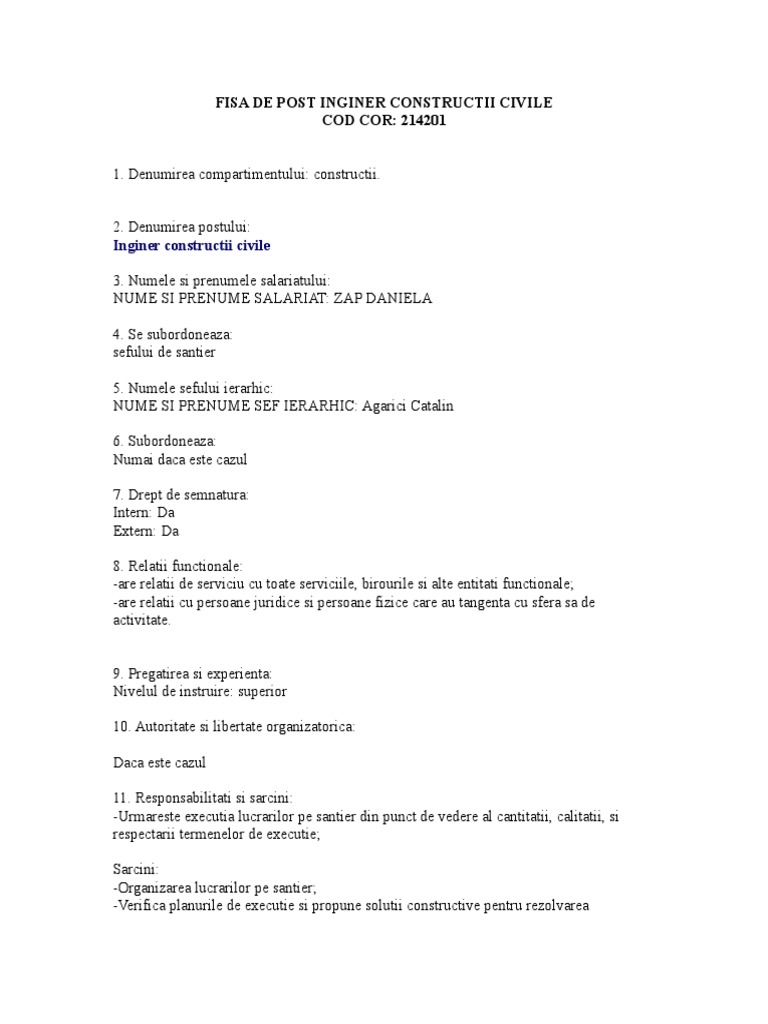 Fisa de Post Inginer Constructii Civile