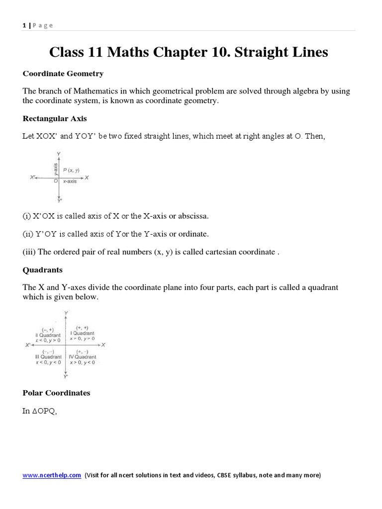 NCERT Notes Class 11 Maths Chapter 10 Straight Lines Cbse Board PDF ...