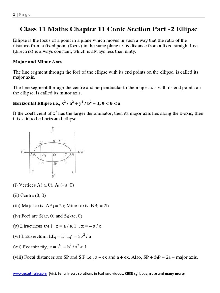 Math Notes PDF Class 11 Maths Chapter 11 Conic Section Part 2 Ellipse ...