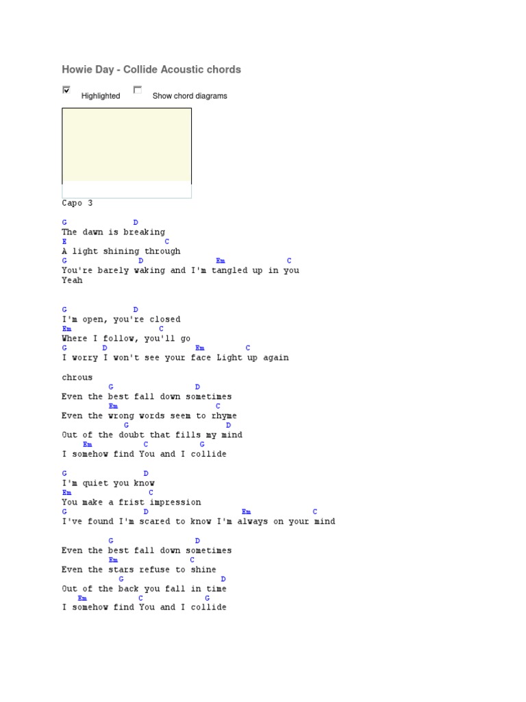 Howie Day - Collide Acoustic Chords: Highlighted Show Chord Diagrams | PDF