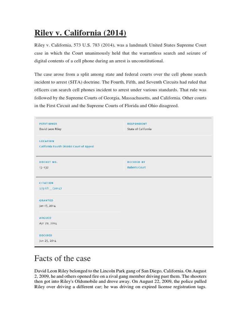 Riley v. California (2014) : Facts of The Case | PDF | Brown V. Board ...