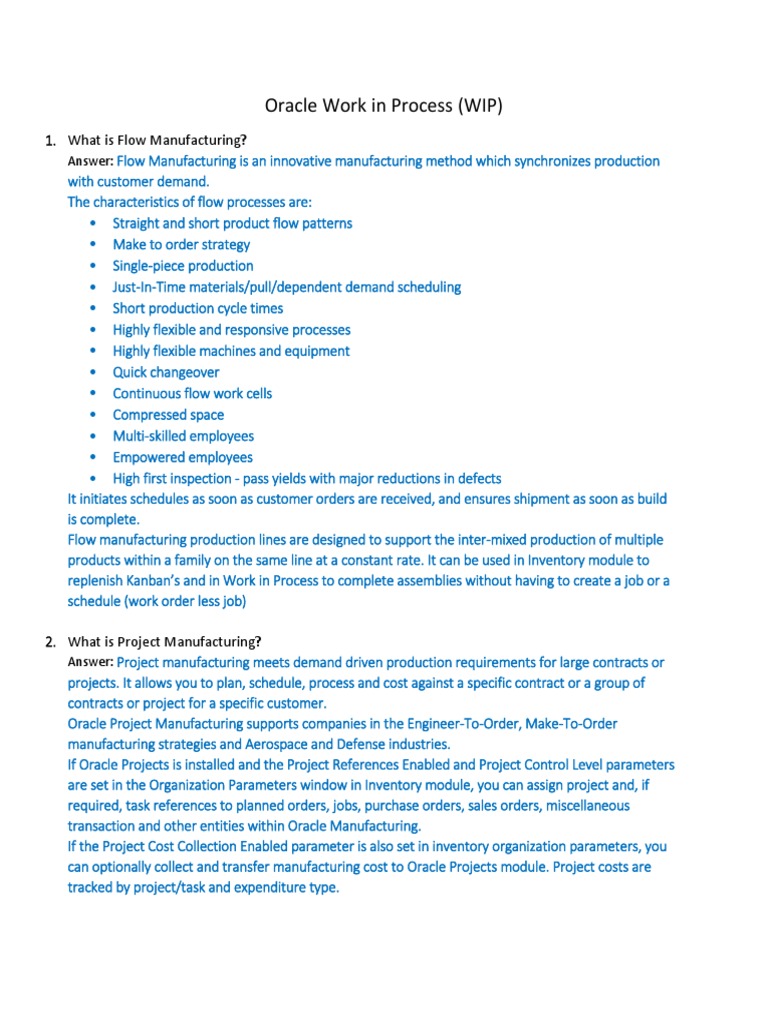 Oracle Work in Process Interview Questions | PDF | Industries | Supply ...